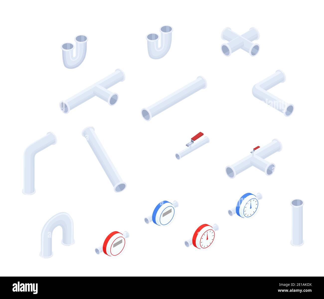 Vector isometric set of plumbing pipes and other elements isolated on ...