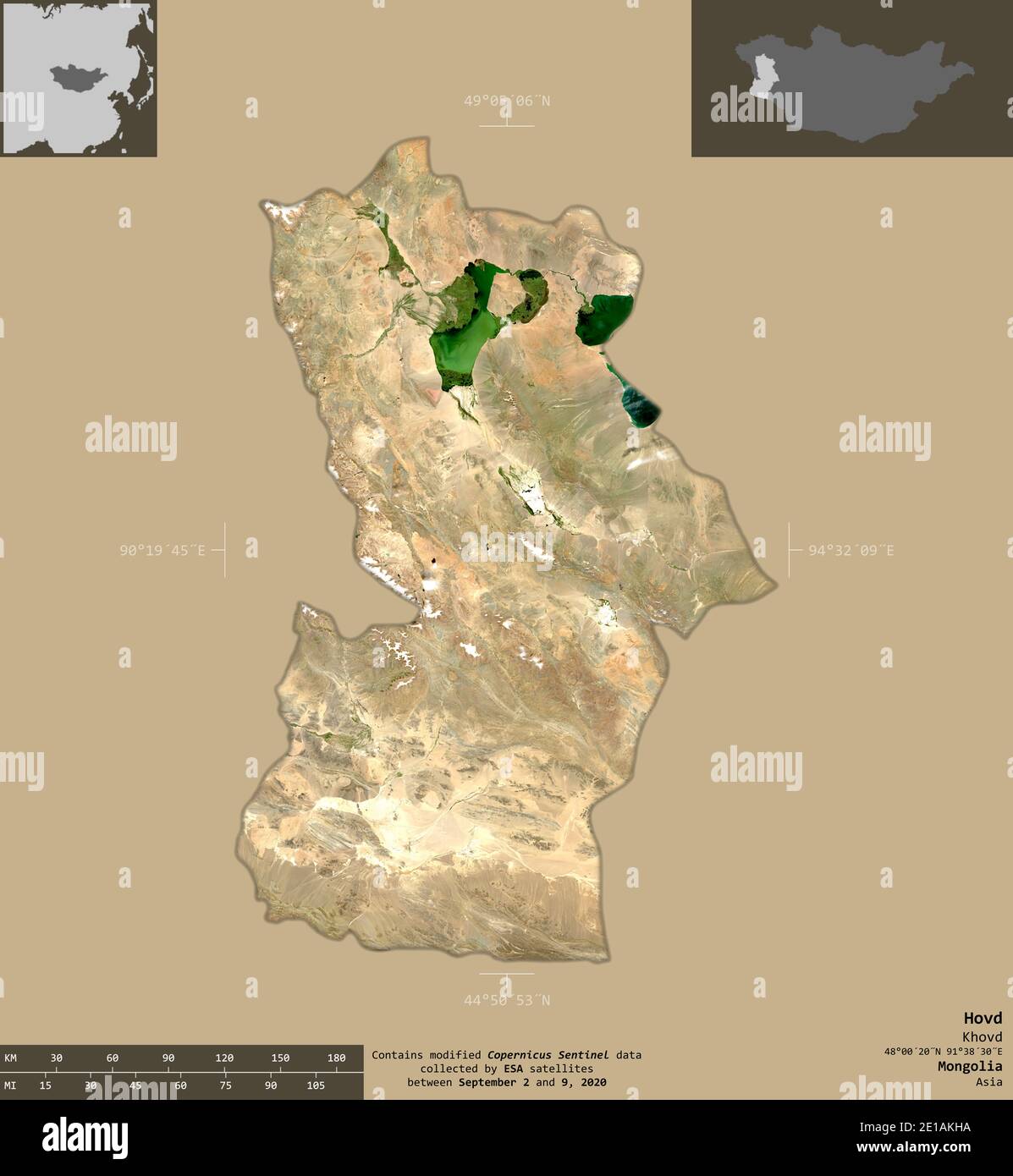 Hovd, province of Mongolia. Sentinel-2 satellite imagery. Shape isolated on solid background ...