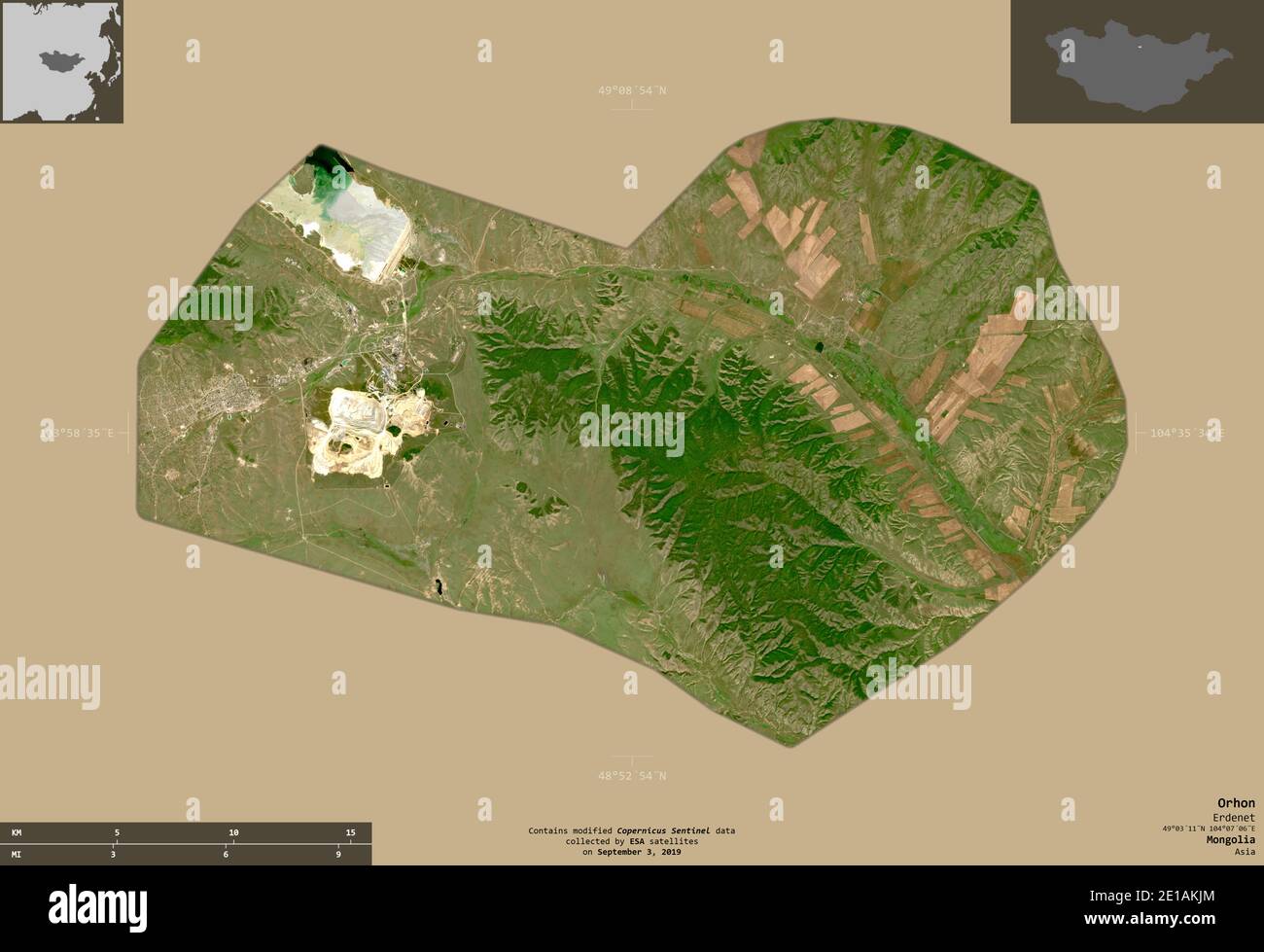 Orhon, municipality of Mongolia. Sentinel-2 satellite imagery. Shape ...