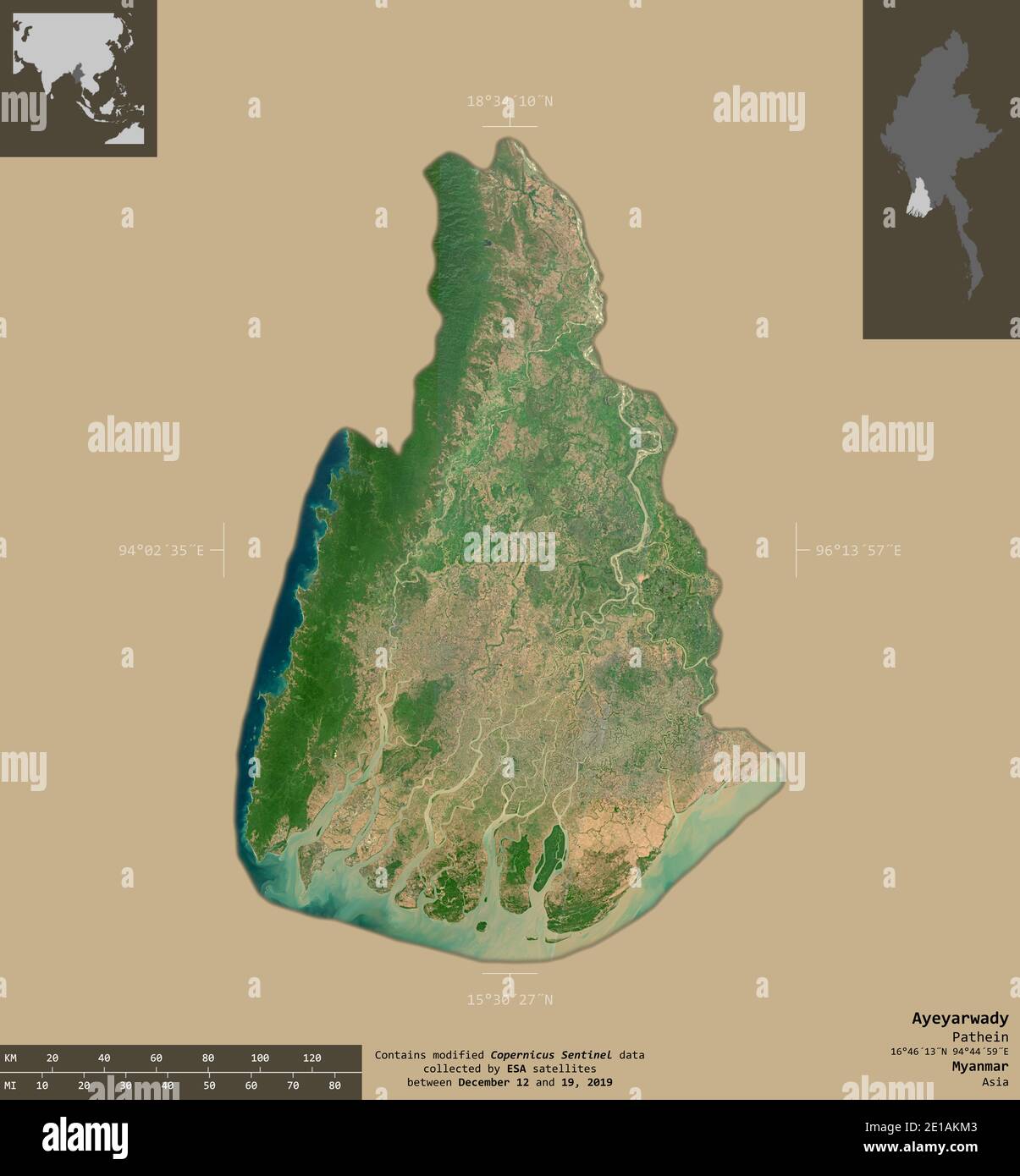 Ayeyarwady, division of Myanmar. Sentinel-2 satellite imagery. Shape ...