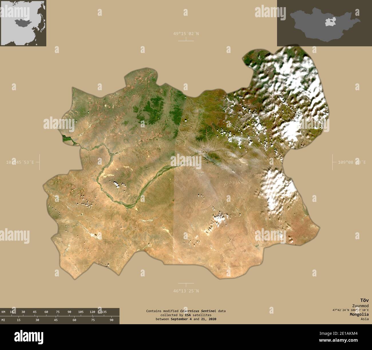 Tov, province of Mongolia. Sentinel-2 satellite imagery. Shape isolated ...