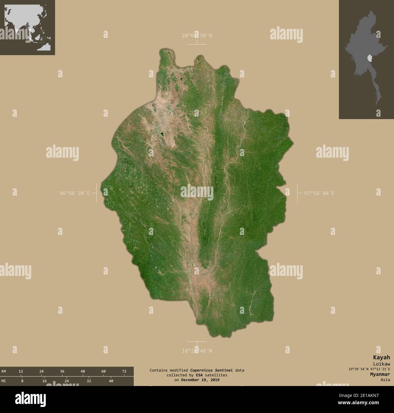 Kayah, state of Myanmar. Sentinel-2 satellite imagery. Shape isolated ...