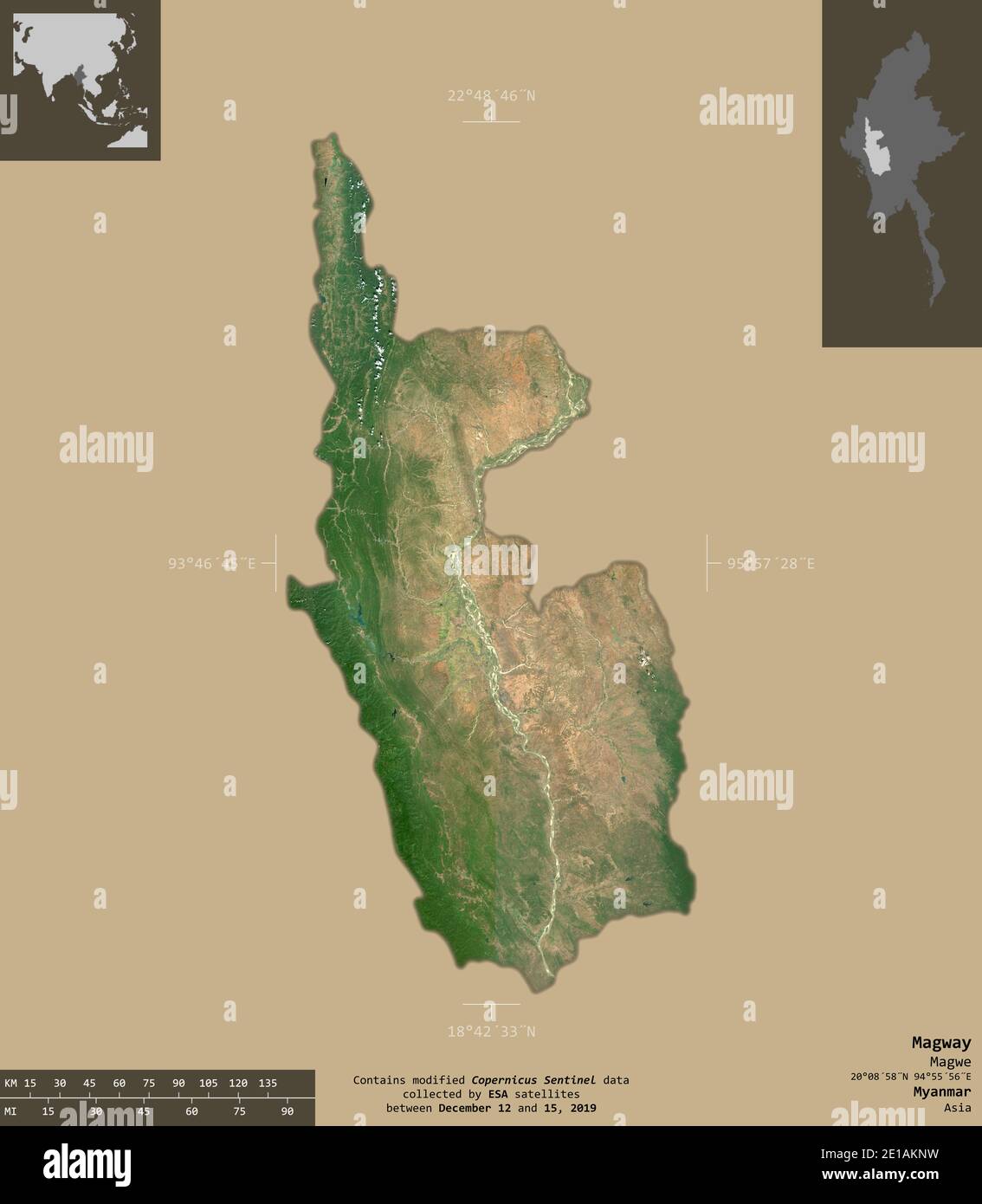 Magway, division of Myanmar. Sentinel-2 satellite imagery. Shape ...
