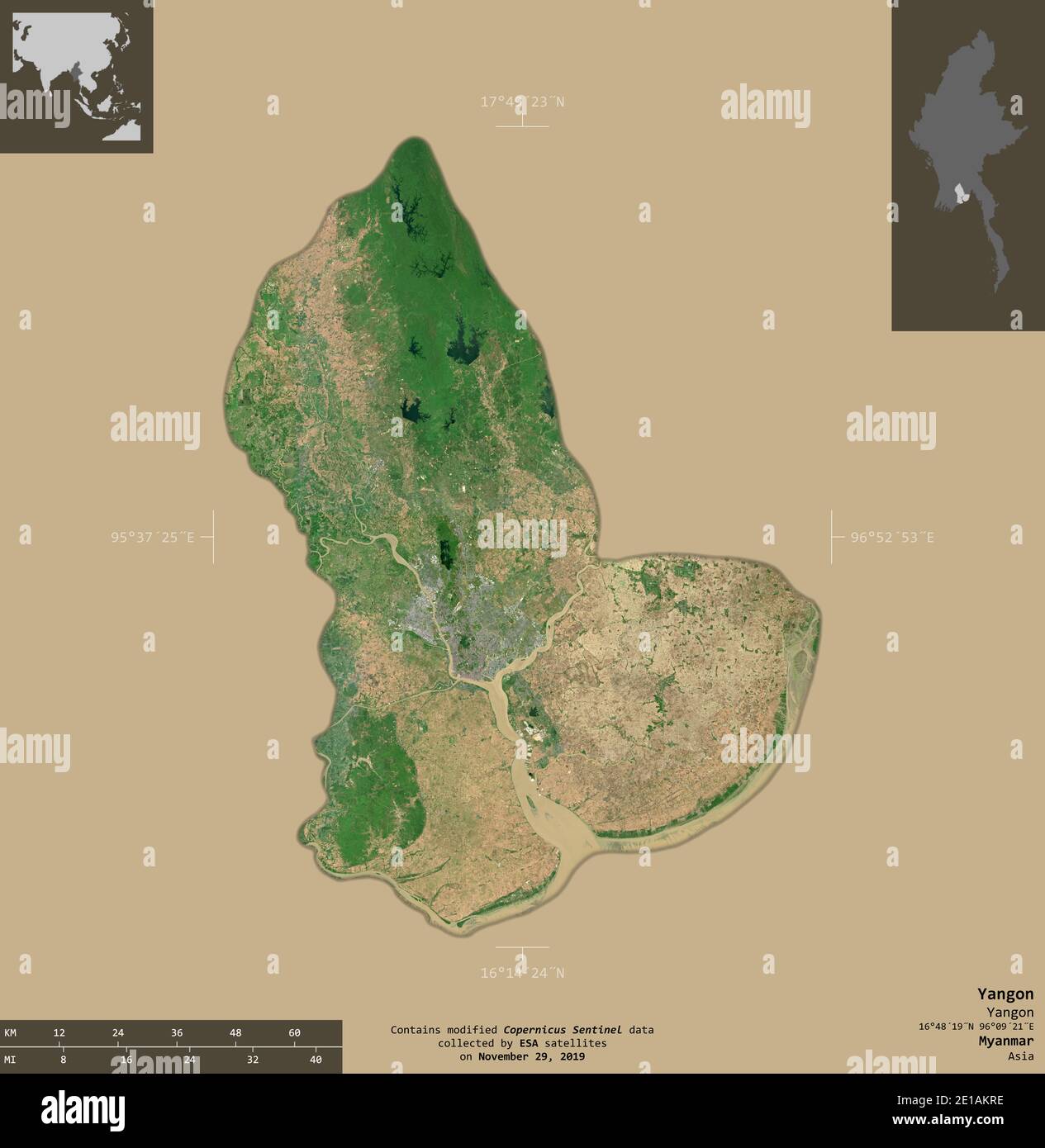 Yangon, division of Myanmar. Sentinel-2 satellite imagery. Shape ...