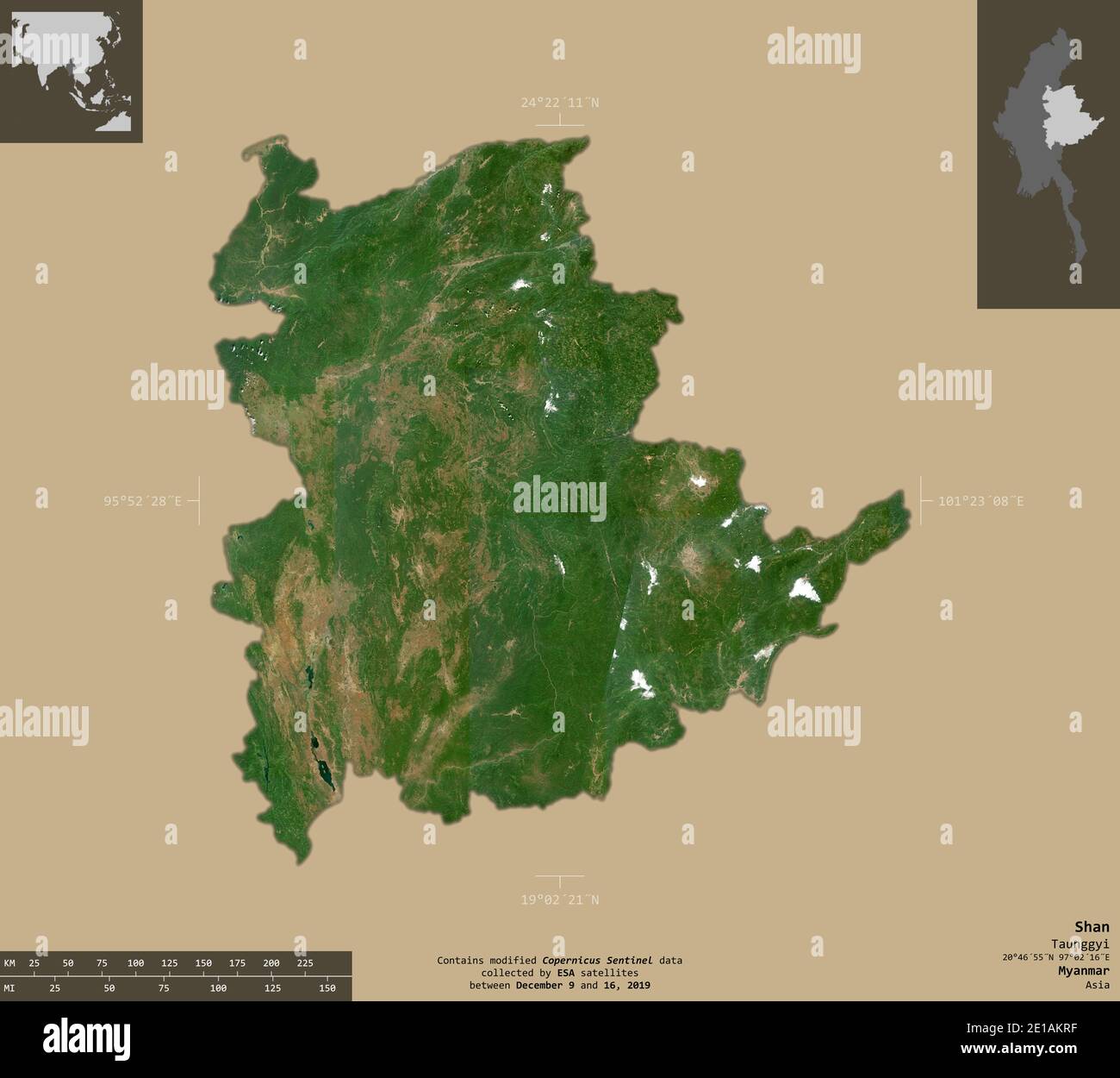 Shan, state of Myanmar. Sentinel-2 satellite imagery. Shape isolated on ...