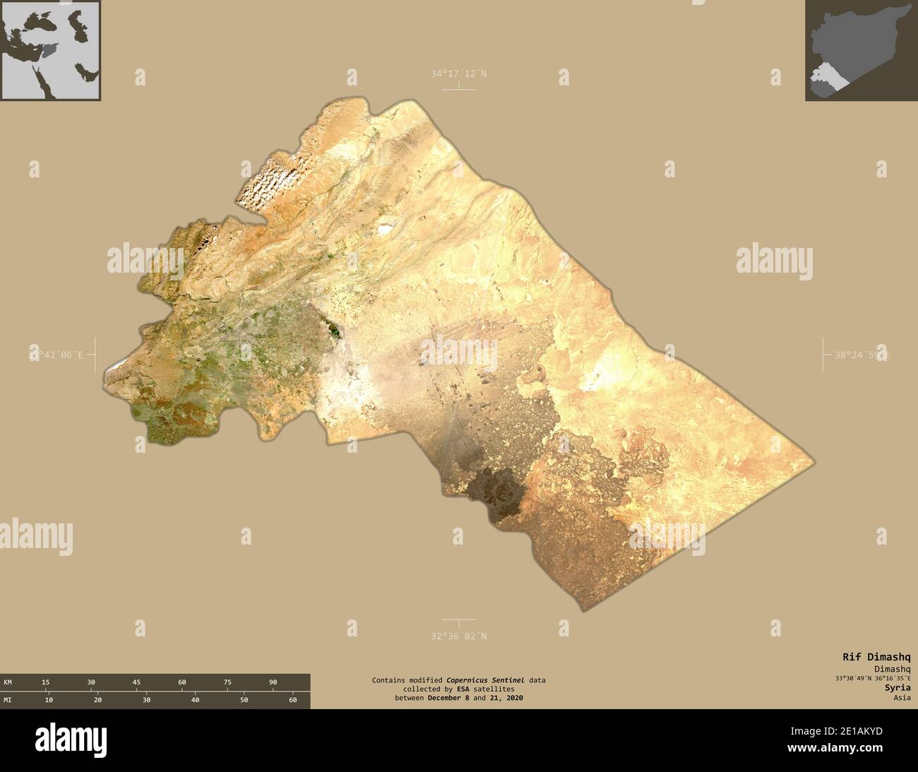 Rif Dimashq, province of Syria. Sentinel-2 satellite imagery. Shape ...