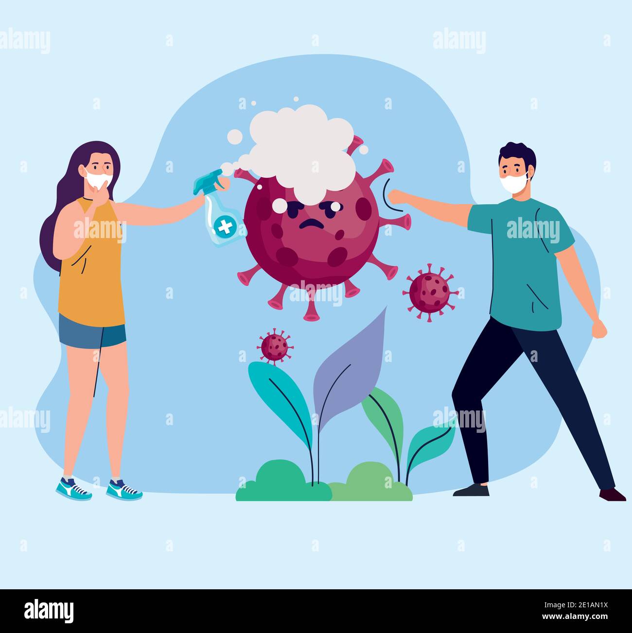 couple wearing medical mask with covid19 particles comic characters ...