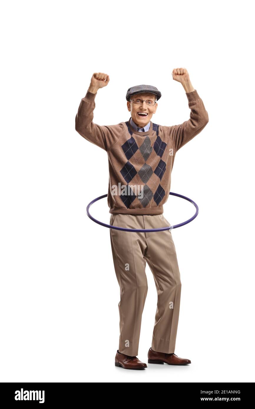 Full length portrait of a happy elderly man spinning a hula hoop ...
