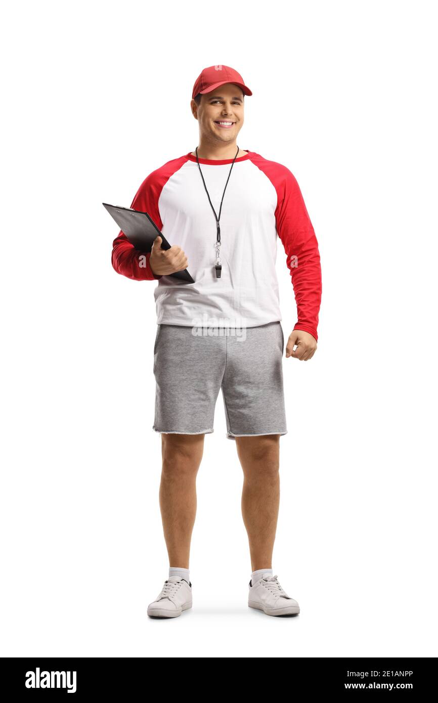 Full length portrait of a baseball coach holding a clipboard isolated ...