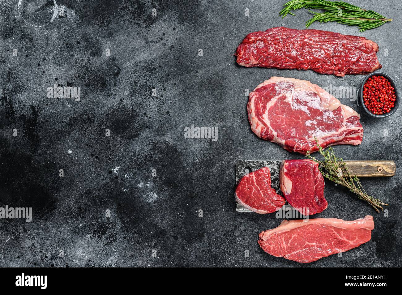 Variety of raw black angus beef meat steaks fillet Mignon, ribeye ...