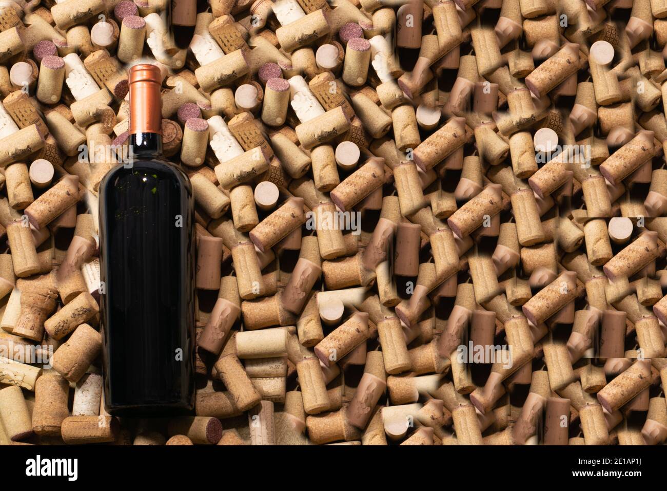 Bottle of red wine in position horizontal on a lot of corks Stock Photo ...