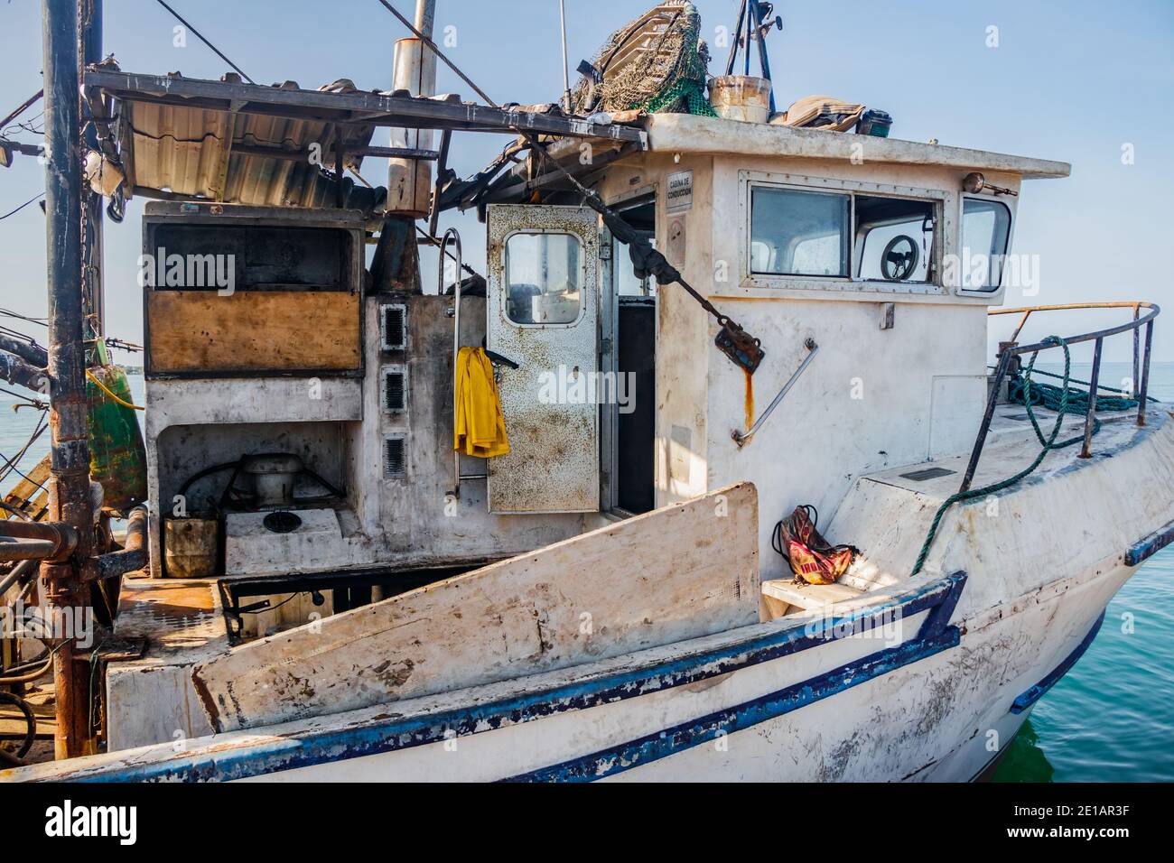 Very detailed closeup view of a fishing boat vessel with all its ...