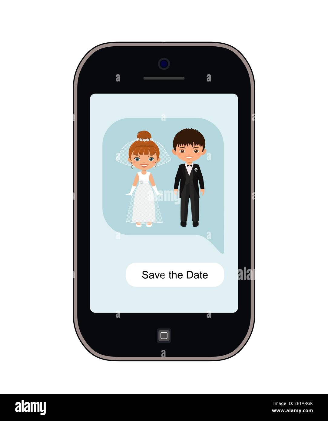 Wedding invitation. Wedding couple on smartphone screen. Cartoon flat ...