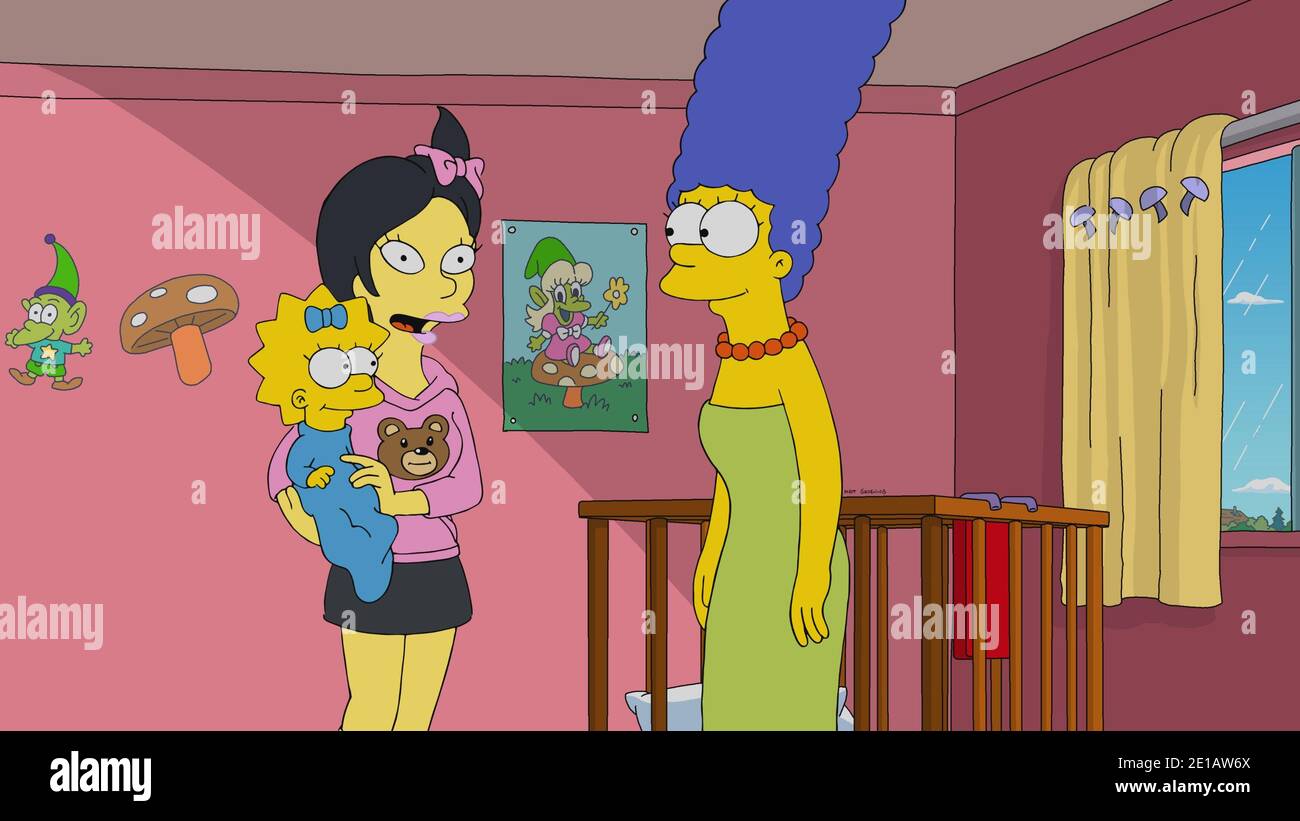 The Simpsons From Left Kumiko Albertson Voice Tress Macneille Holding Maggie Simpson Marge