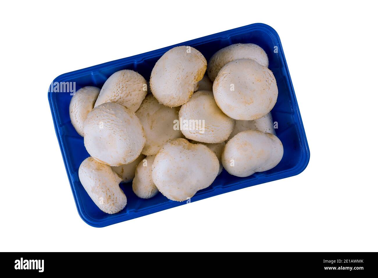 White whole mushrooms in tray isolated on white background. Top view ...
