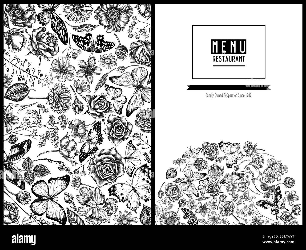 Menu cover floral design with black and white shepherd's purse, heather ...