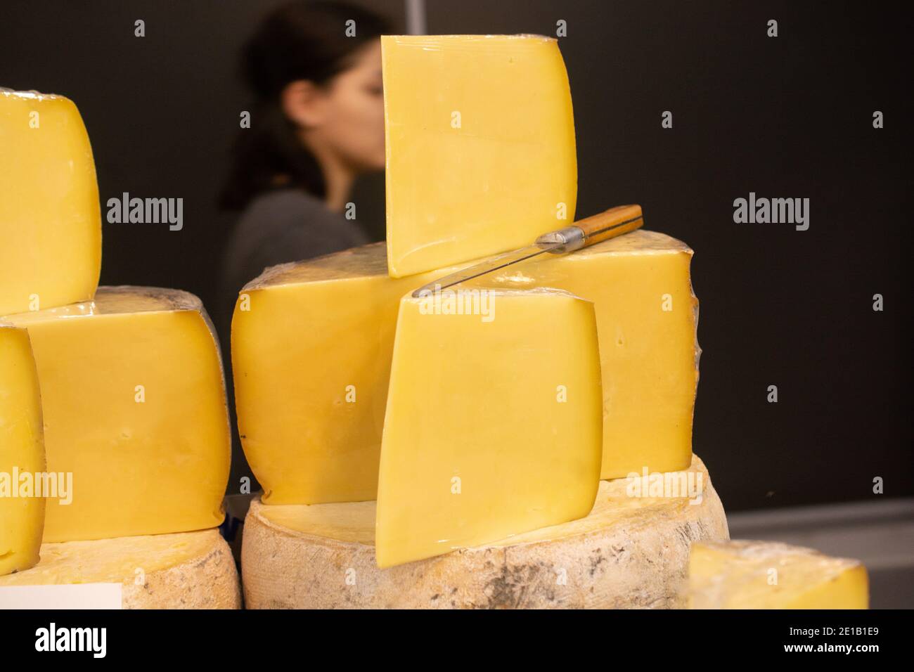 cuts of kashkaval or kasseri cheese for sale on the shelf Stock Photo ...