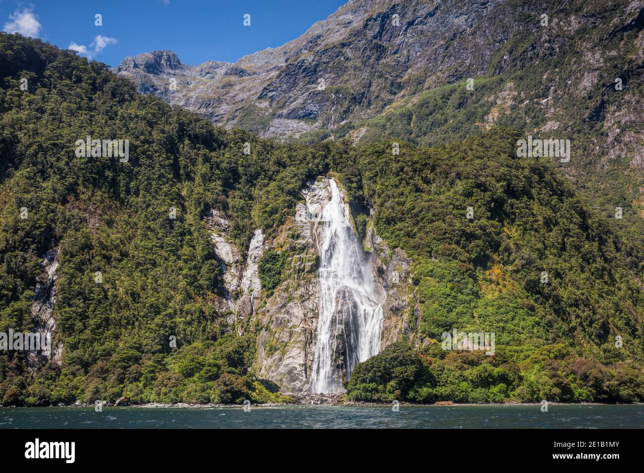 Panorama of Milford Sound waterfall, Fiordland, New Zealand Stock Photo ...