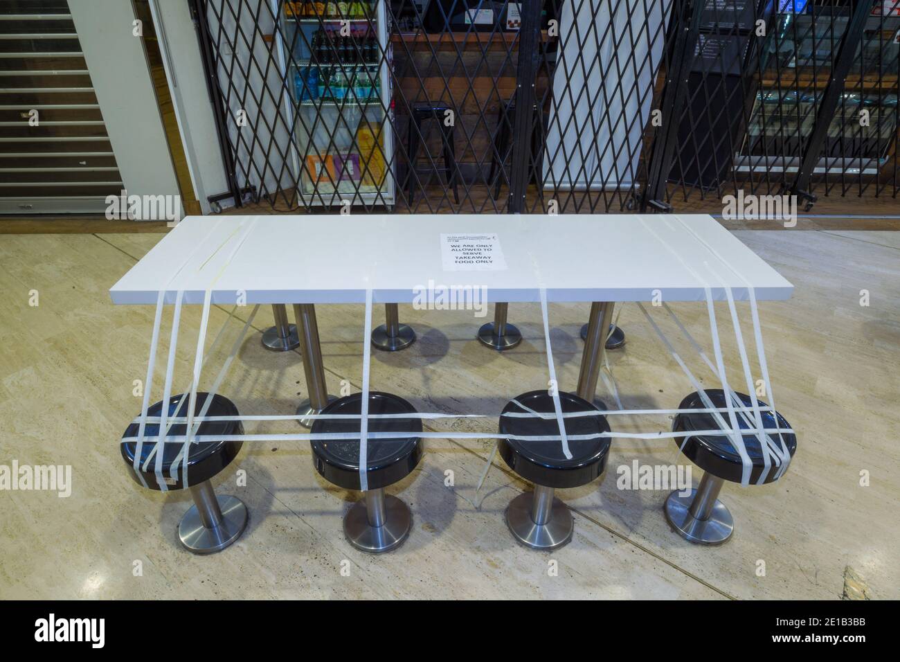 Empty restaurant and takeaway seating in the foodcourt of the Hunter ...