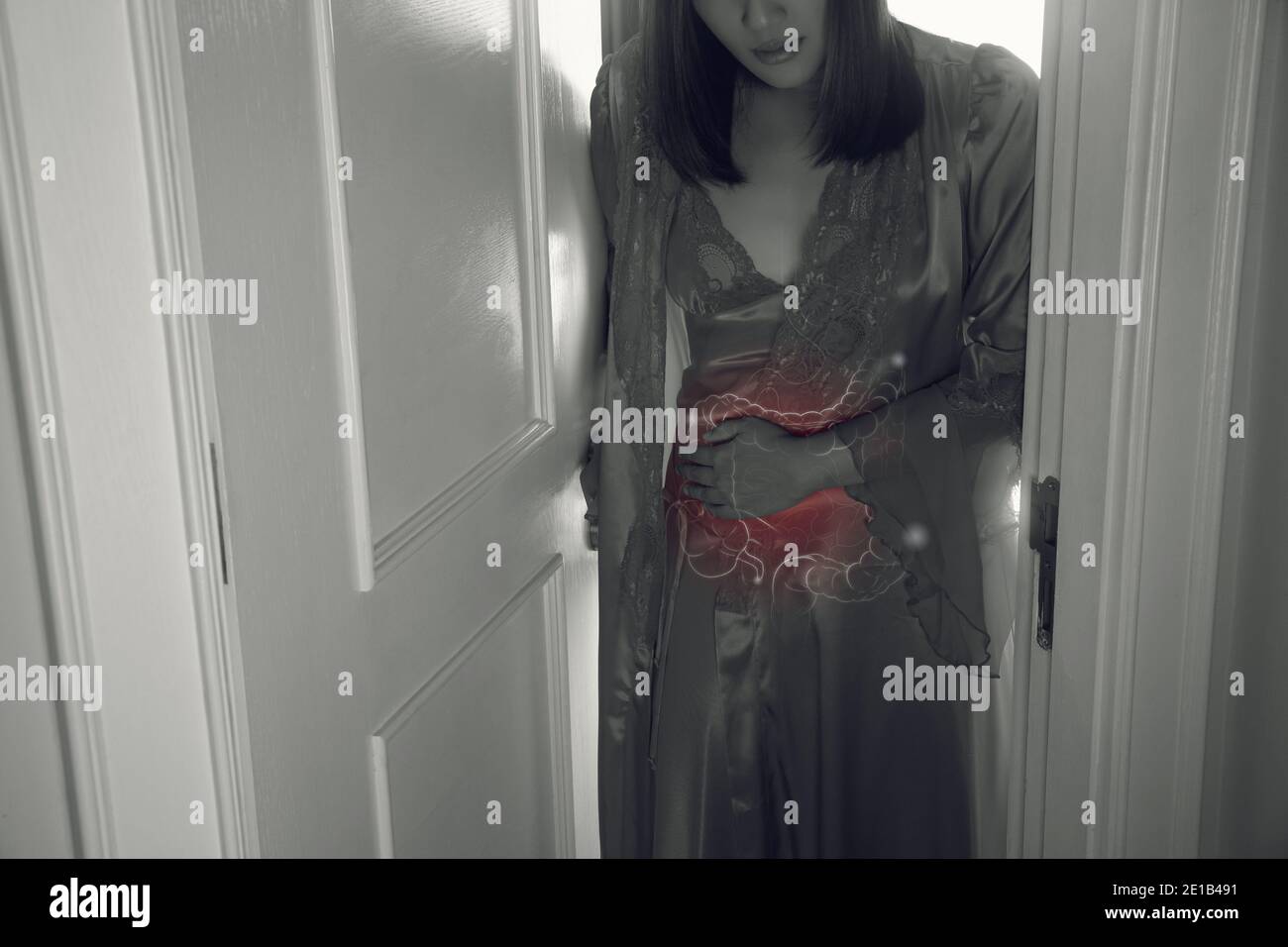 Women have a stomach ache because of diarrhea in the middle of the ...