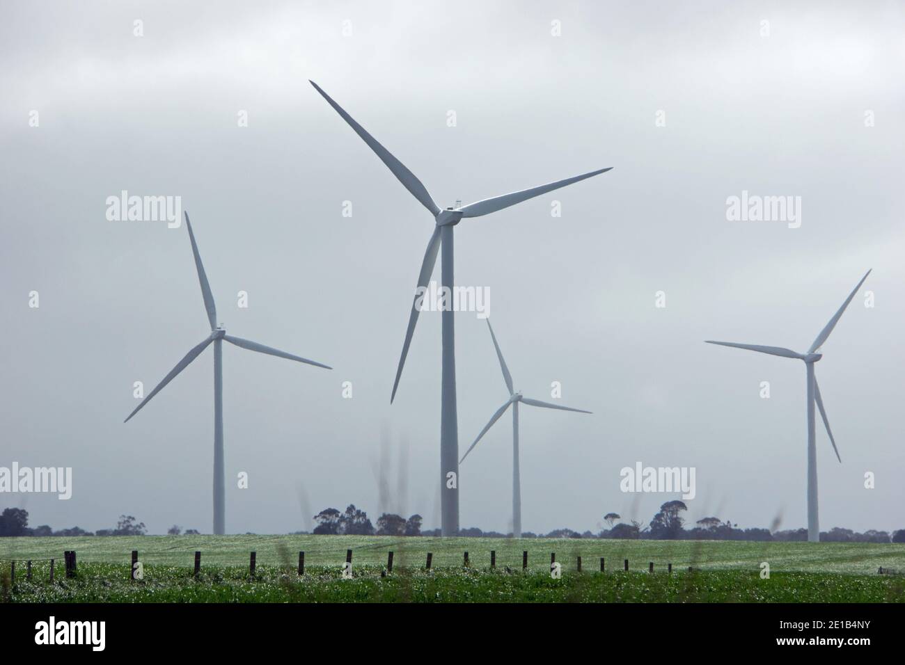 Wind turbines generating electricity from wind energy with green field ...