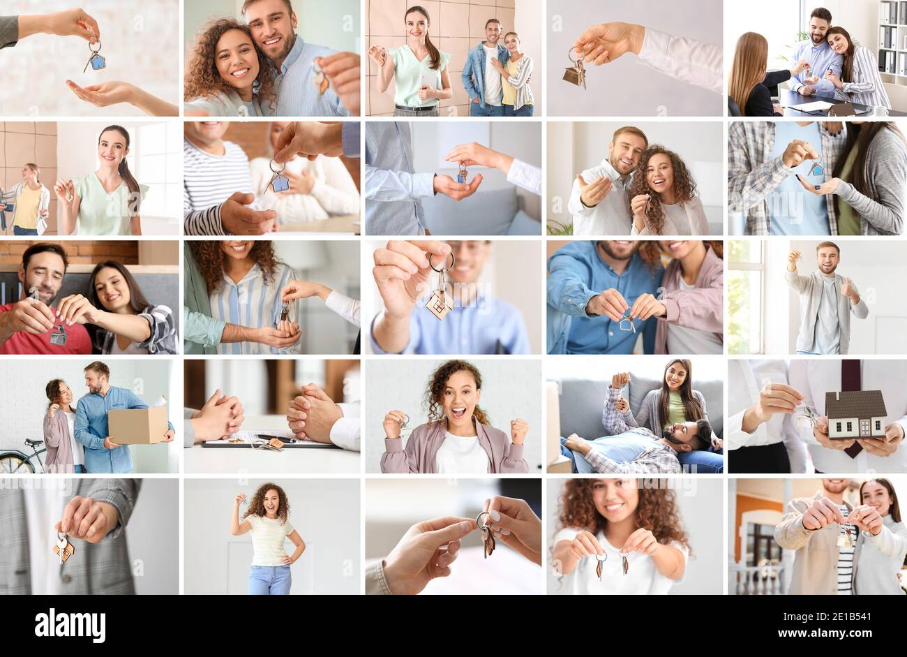 Collage of happy people with keys from new house Stock Photo - Alamy