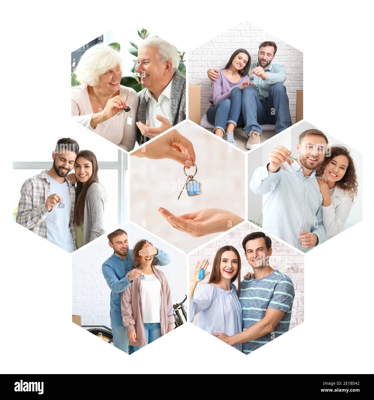 Collage of happy people with keys from new house and car Stock Photo ...