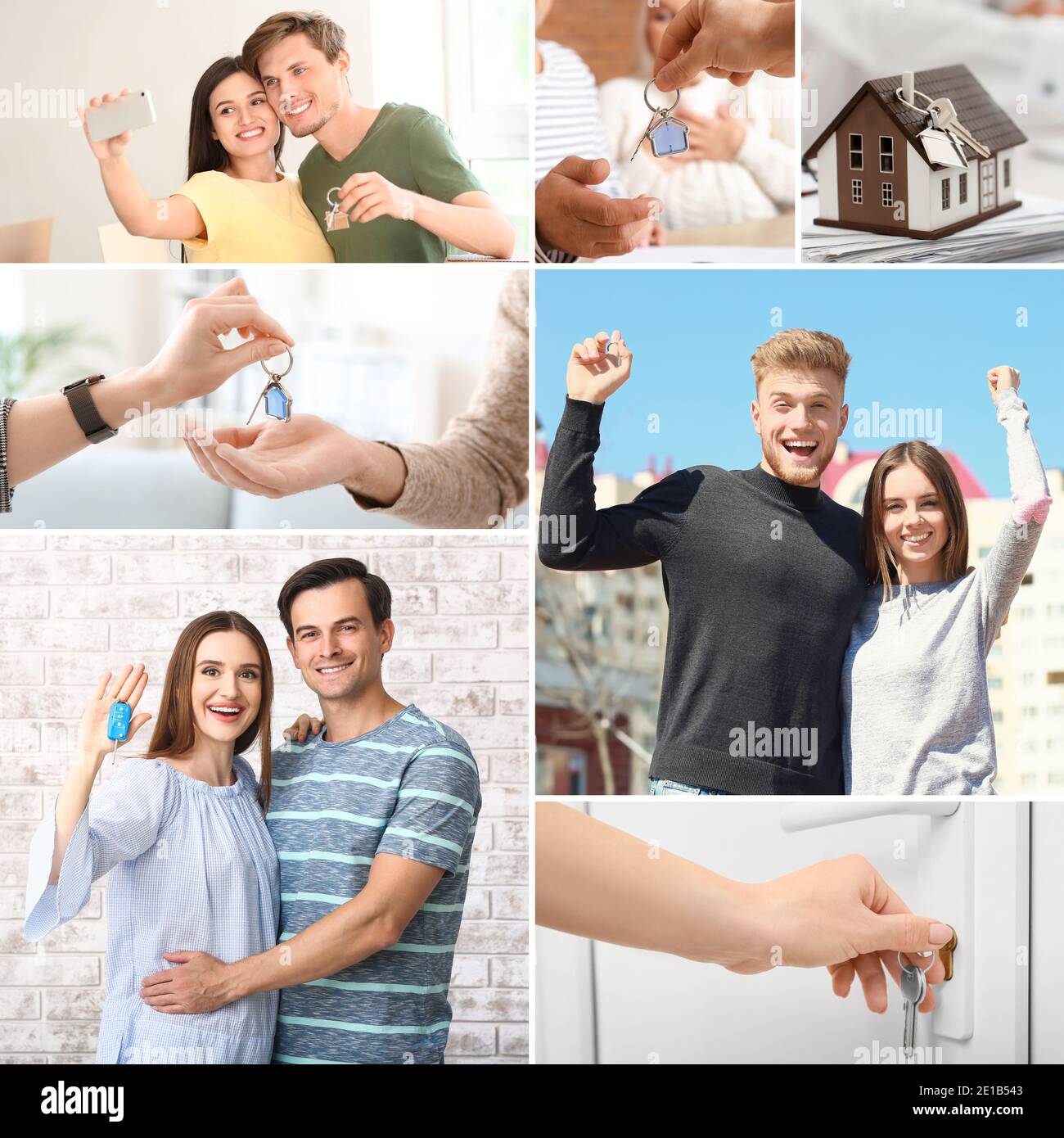 Collage of happy people with keys from new house and car Stock Photo ...