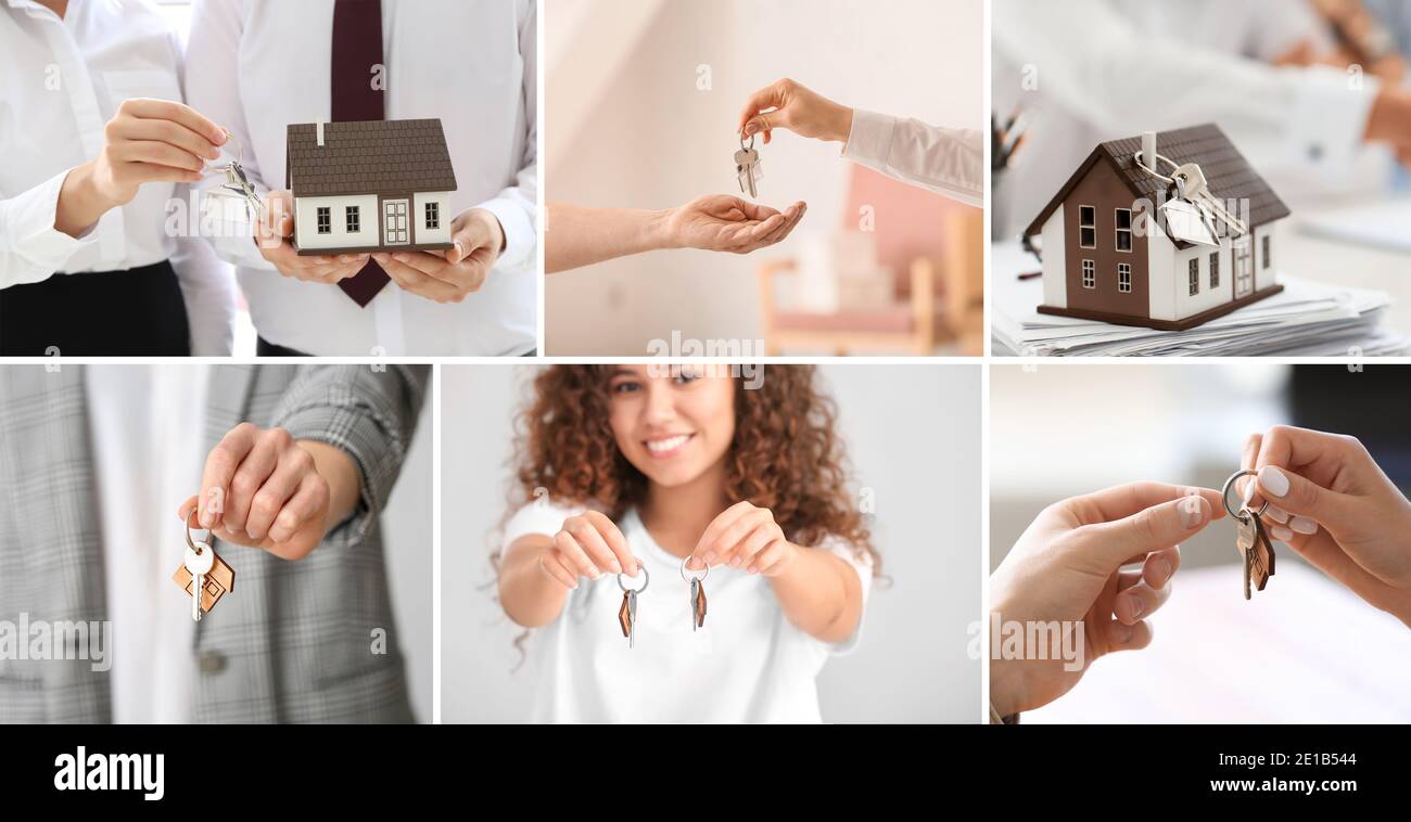 Collage of happy people with keys from new house Stock Photo - Alamy