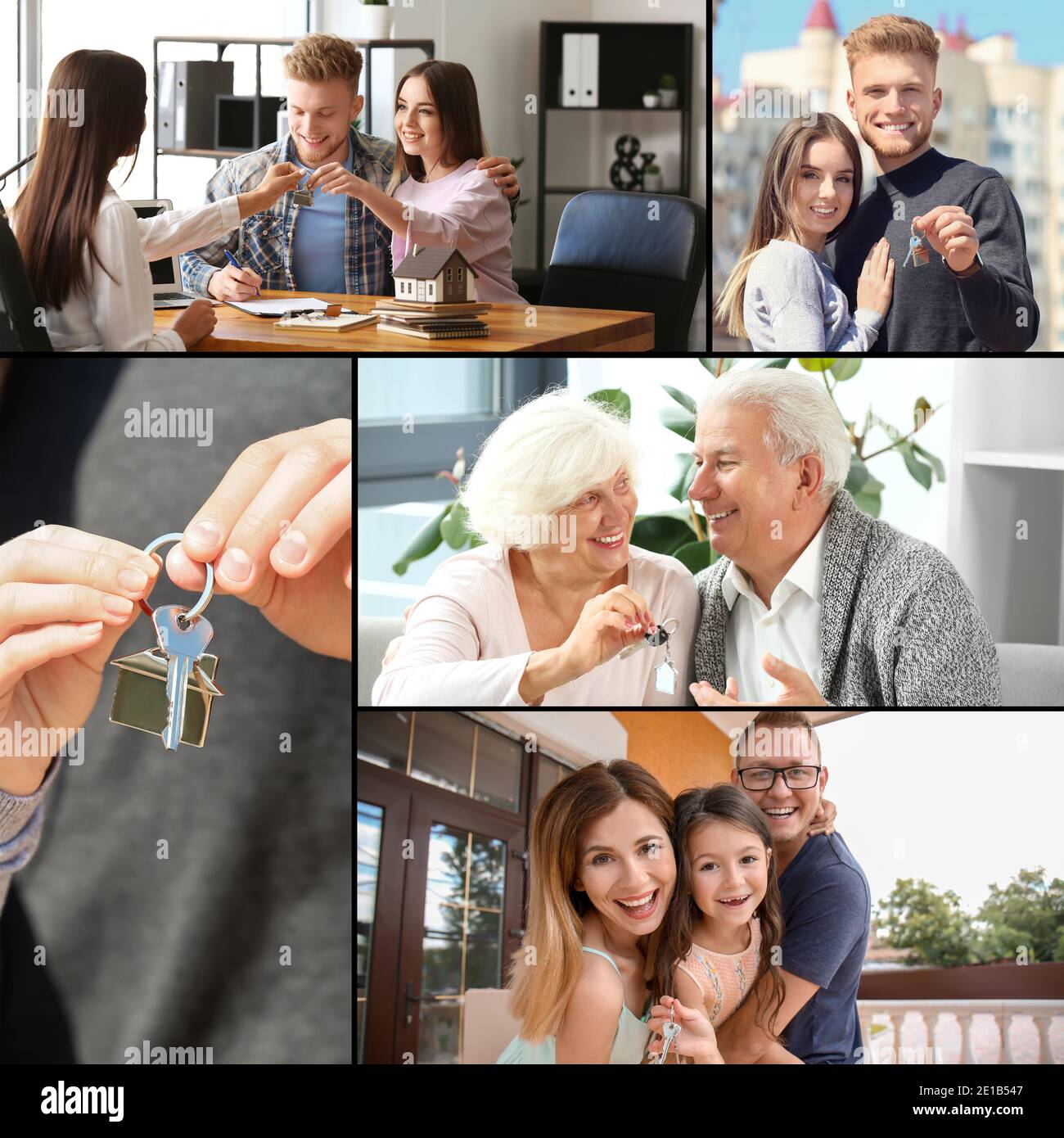 Collage of happy people with keys from new house Stock Photo - Alamy