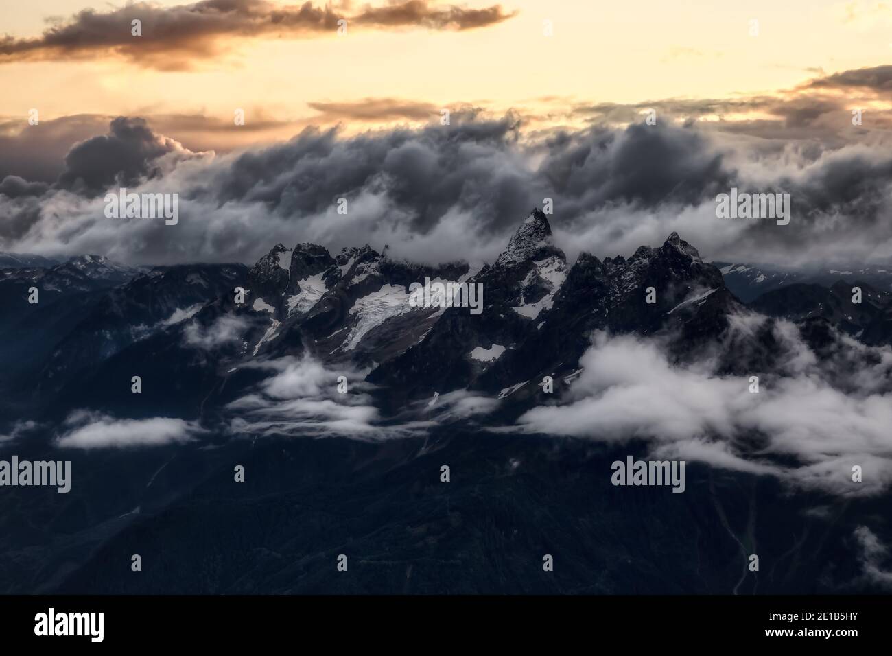 Aerial view of the rugged Canadian landscape of the mountain peaks ...