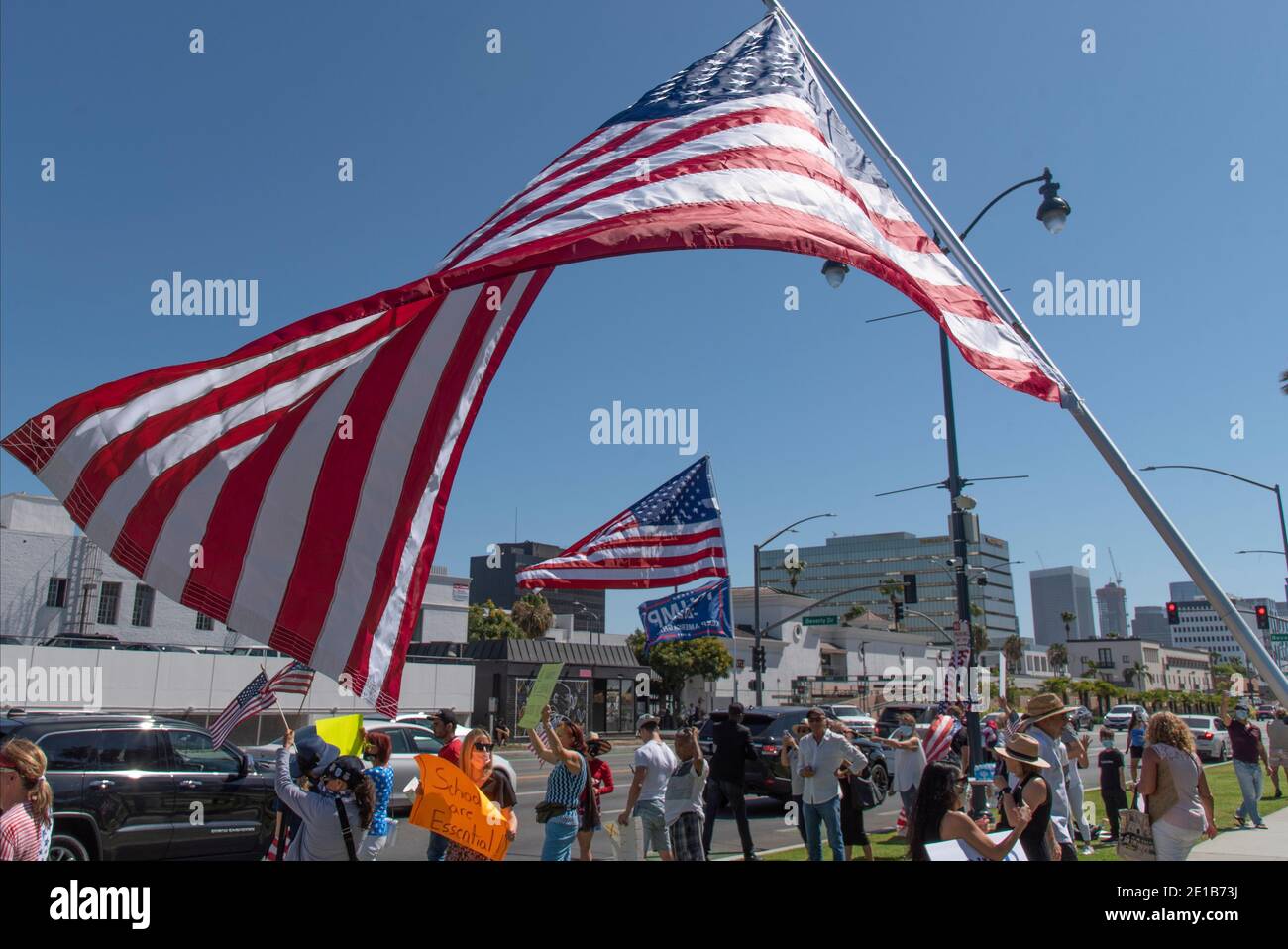 Beverly Hills, CA/USA - Aug 1, 2020: An American flag blowing over a ...