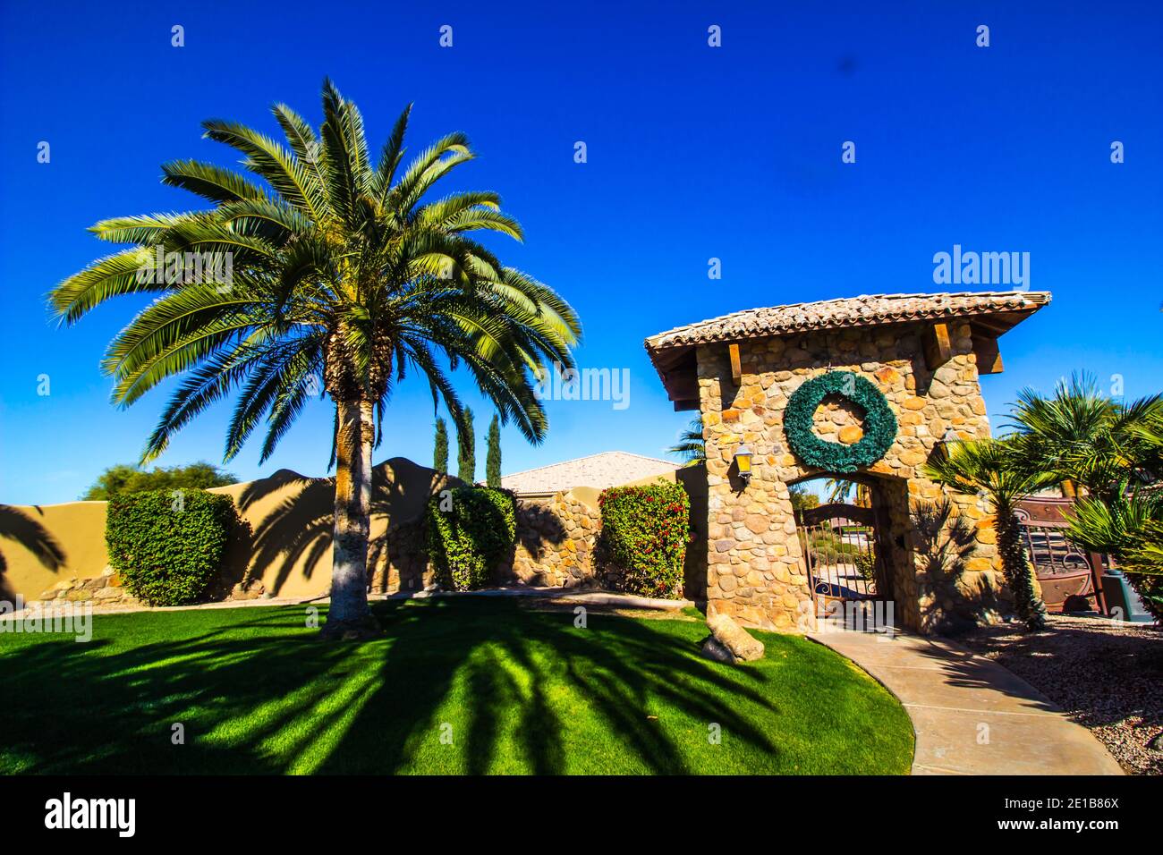 Entry Gate Guarded By Mature Palm Tree Stock Photo - Alamy