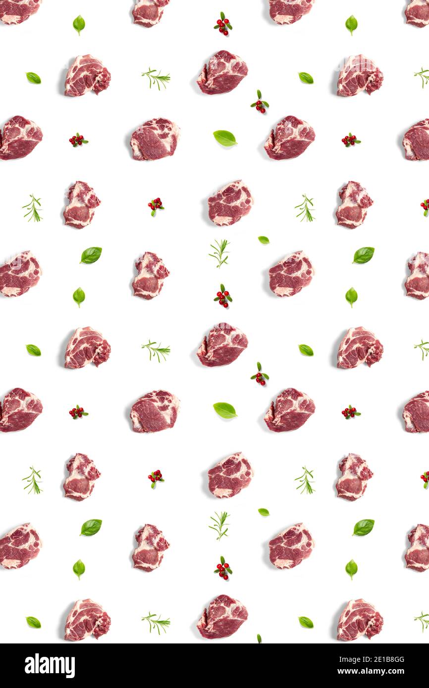 background with raw pork meat slices on white background, raw food ...