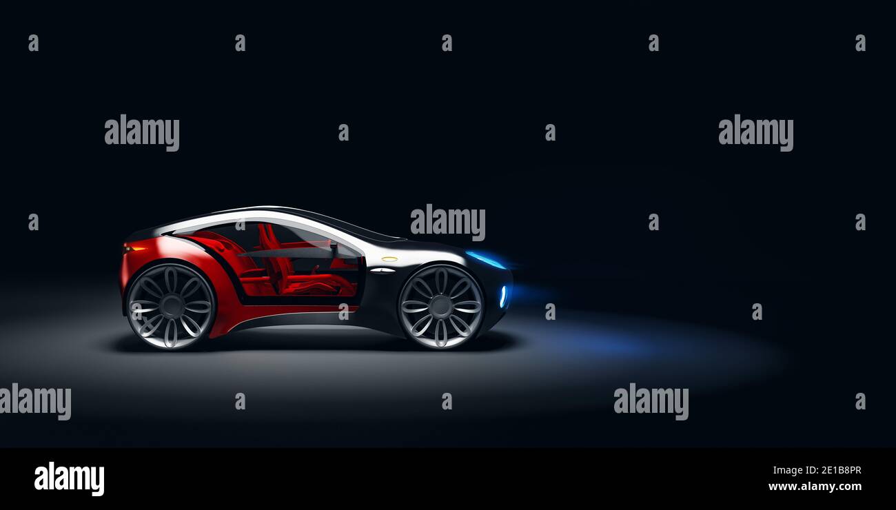 side view of futuristic fast sports car in studio light. Brandless ...