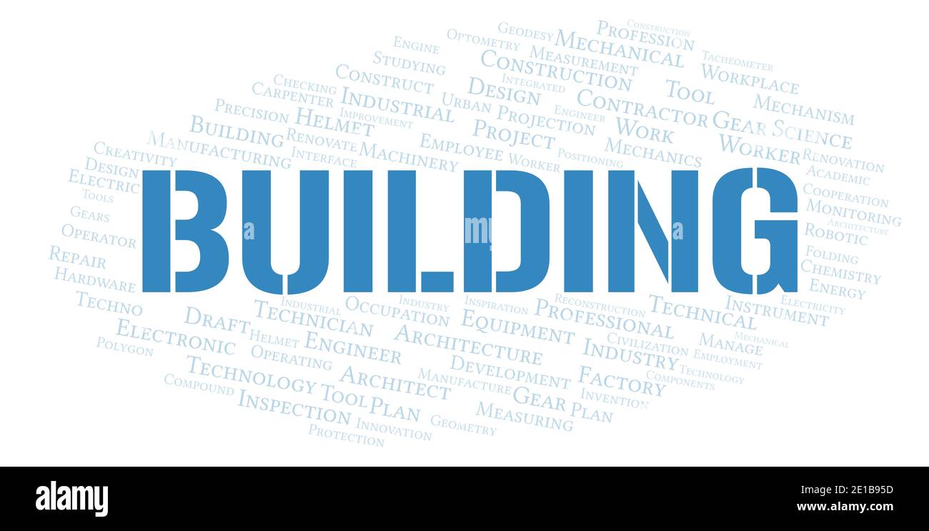 Building typography word cloud create with text only Stock Photo - Alamy