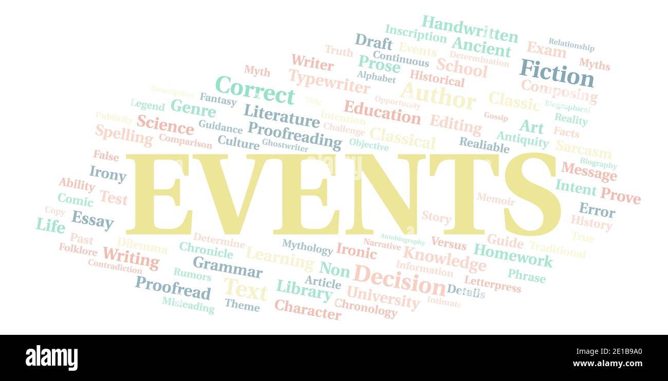 Events typography word cloud create with text only Stock Photo - Alamy