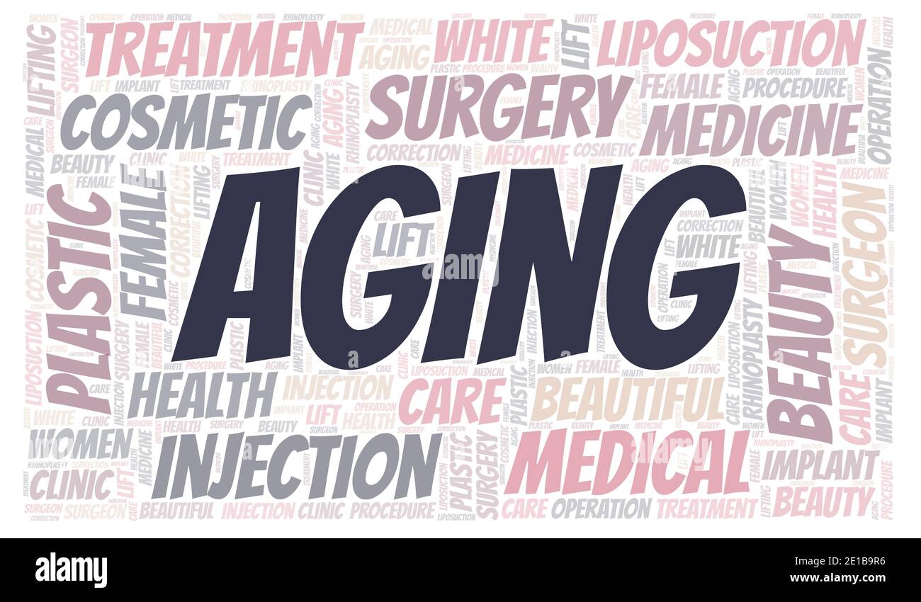 Aging typography word cloud create with text only Stock Photo - Alamy