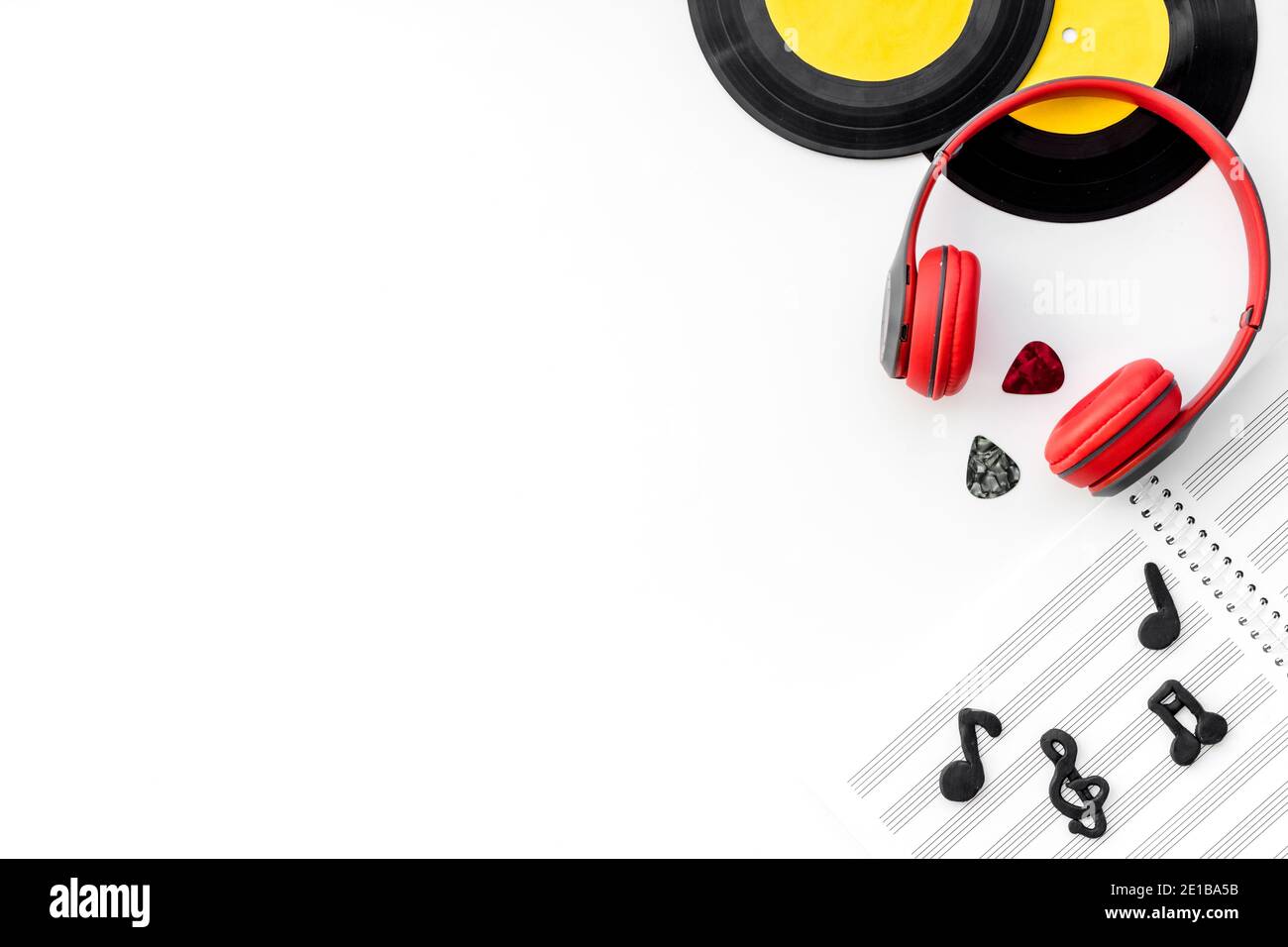 Flat lay musician concept - instrument with sheet music, top view Stock ...