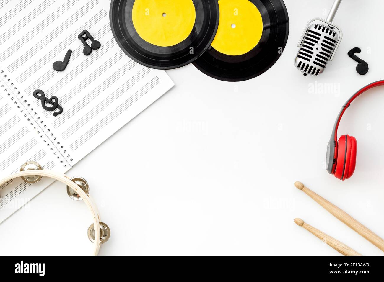 Music flat lay - instruments with vinyl records, overhead view Stock ...