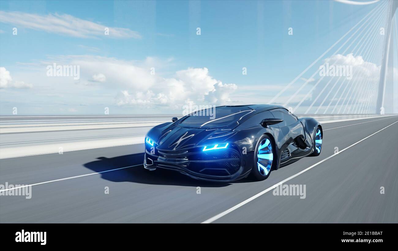 3d model of black futuristic car on the bridge. Very fast driving ...