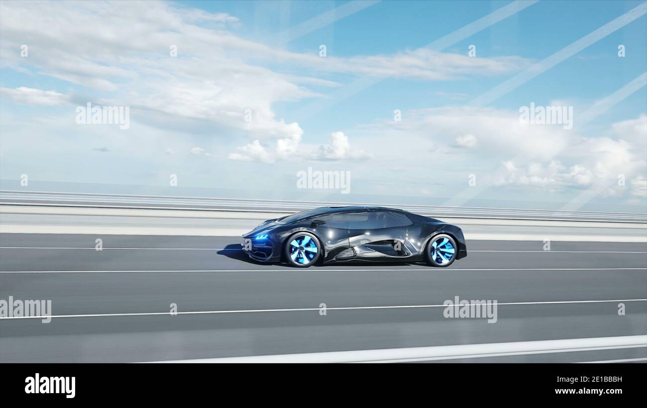 3d model of black futuristic car on the bridge. Very fast driving ...