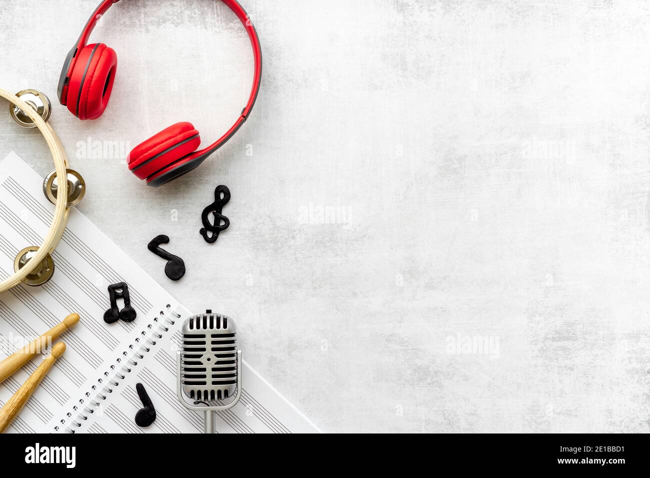 Flat lay musician concept - instrument with sheet music, top view Stock ...