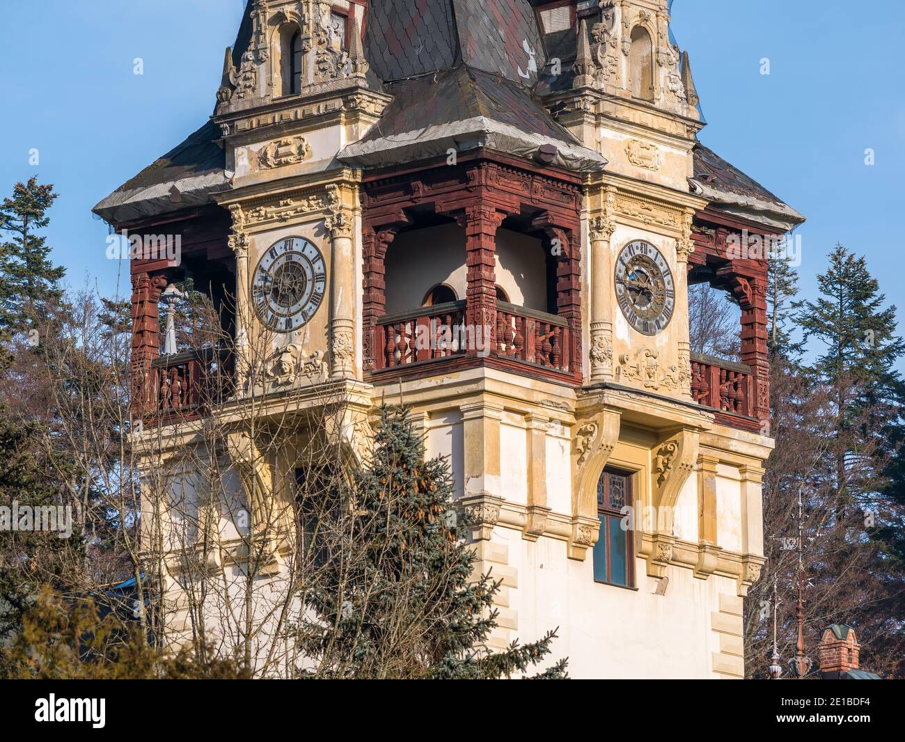 Sinaia Romania - 12.02.2020: Architecture detail with one of the Peles ...