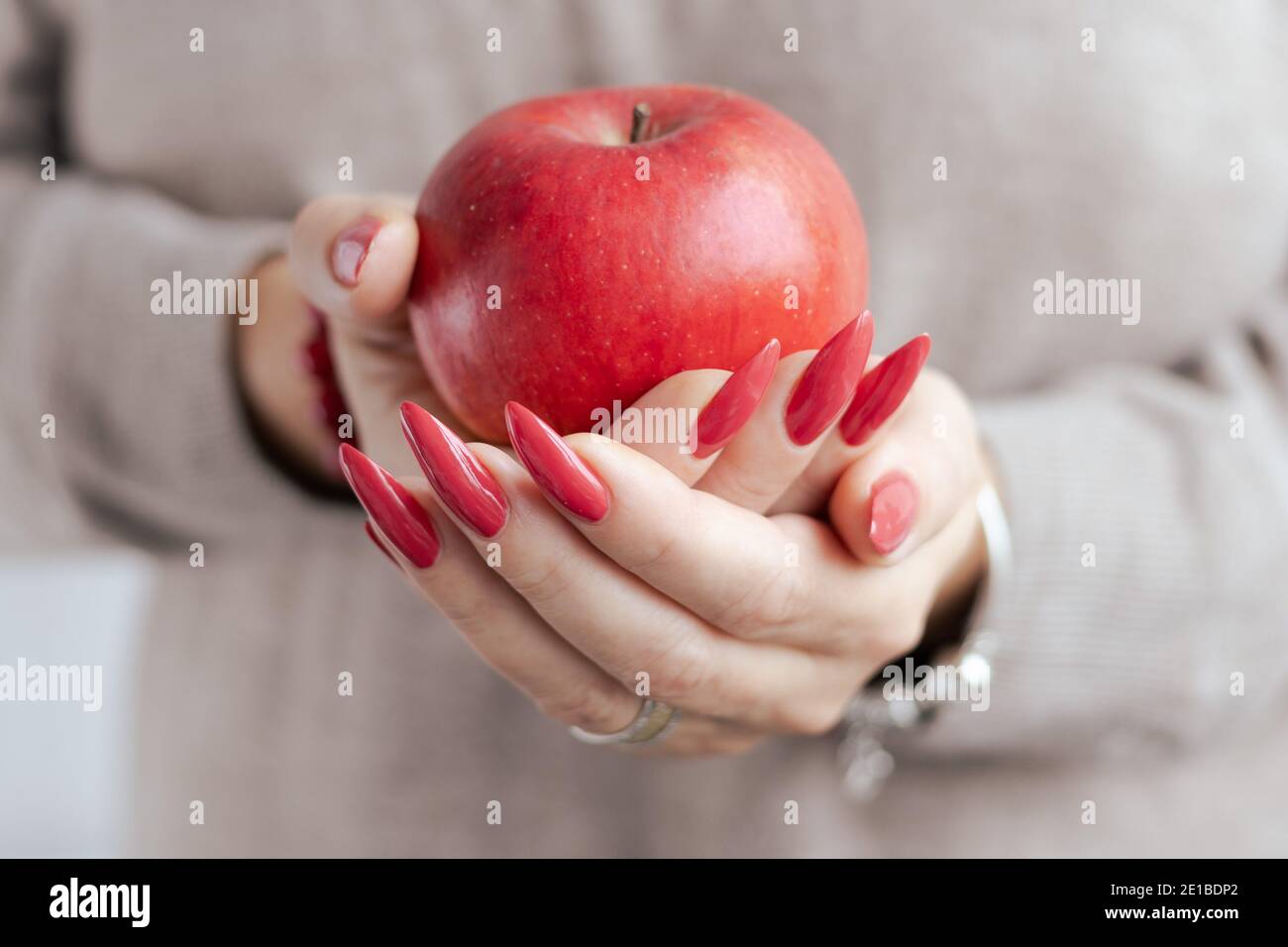 Female hands with red long nails are holding a ripe red apple fruit ...