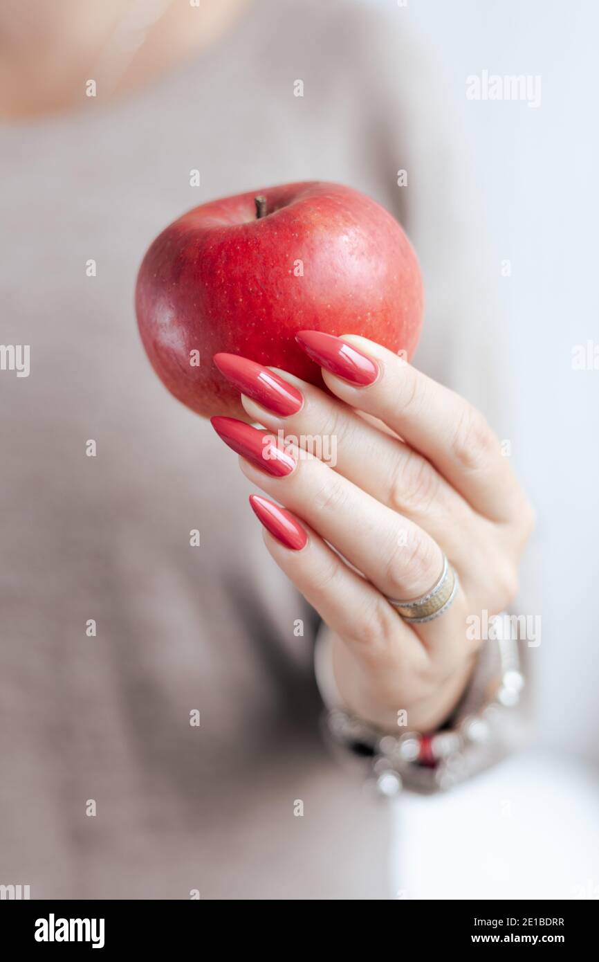 Female hands with red long nails are holding a ripe red apple fruit ...