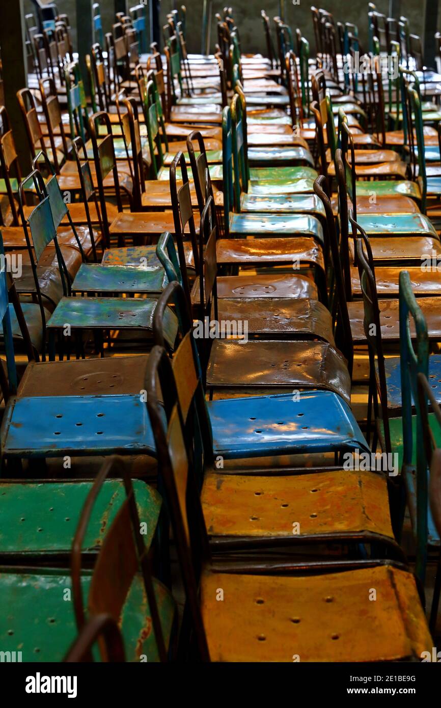 Color iron chairs in Daxi Tea Factory, an old tea factory near Taoyuan ...