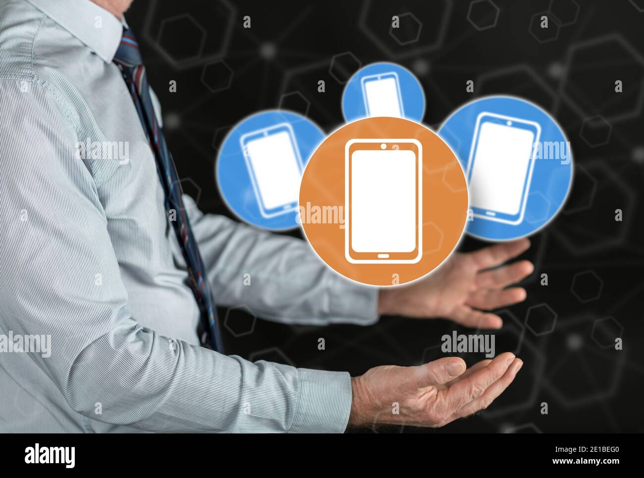 Digital communication concept above the hands of a man Stock Photo - Alamy