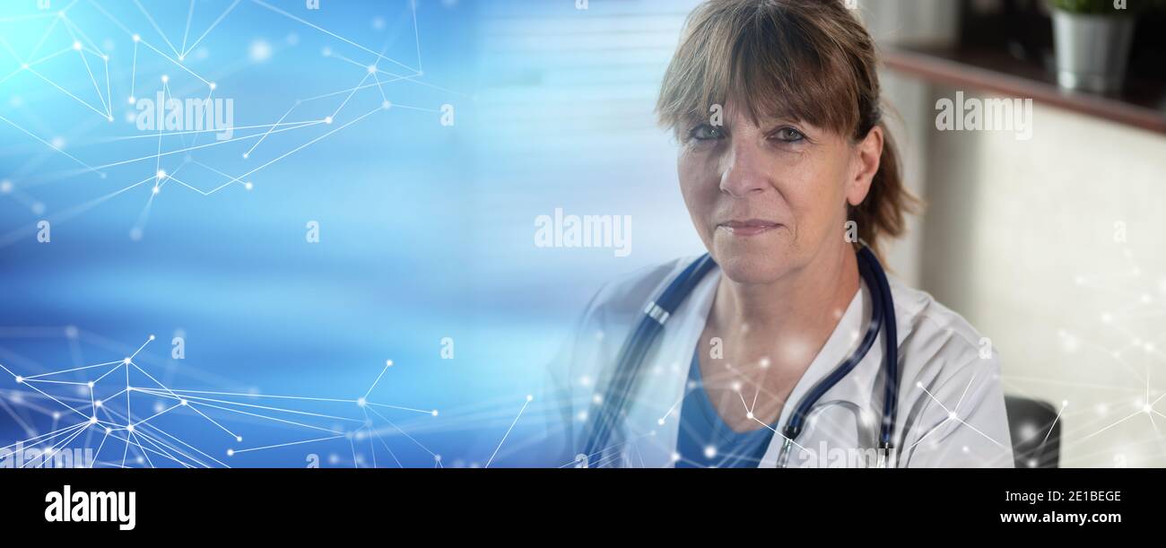 Portrait of female doctor in medical office; panoramic banner Stock ...