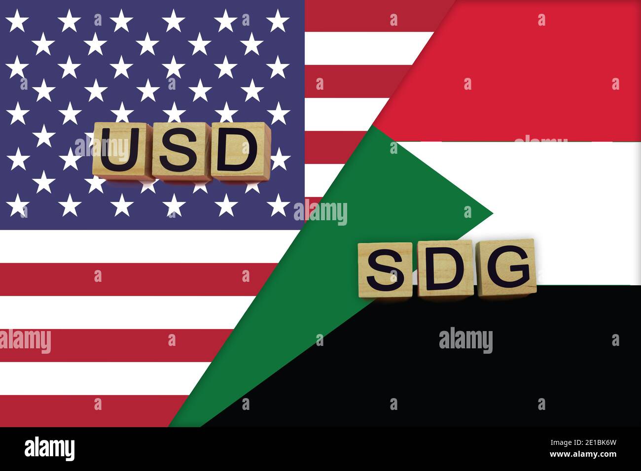 USA and Sudan currencies codes on national flags background ...